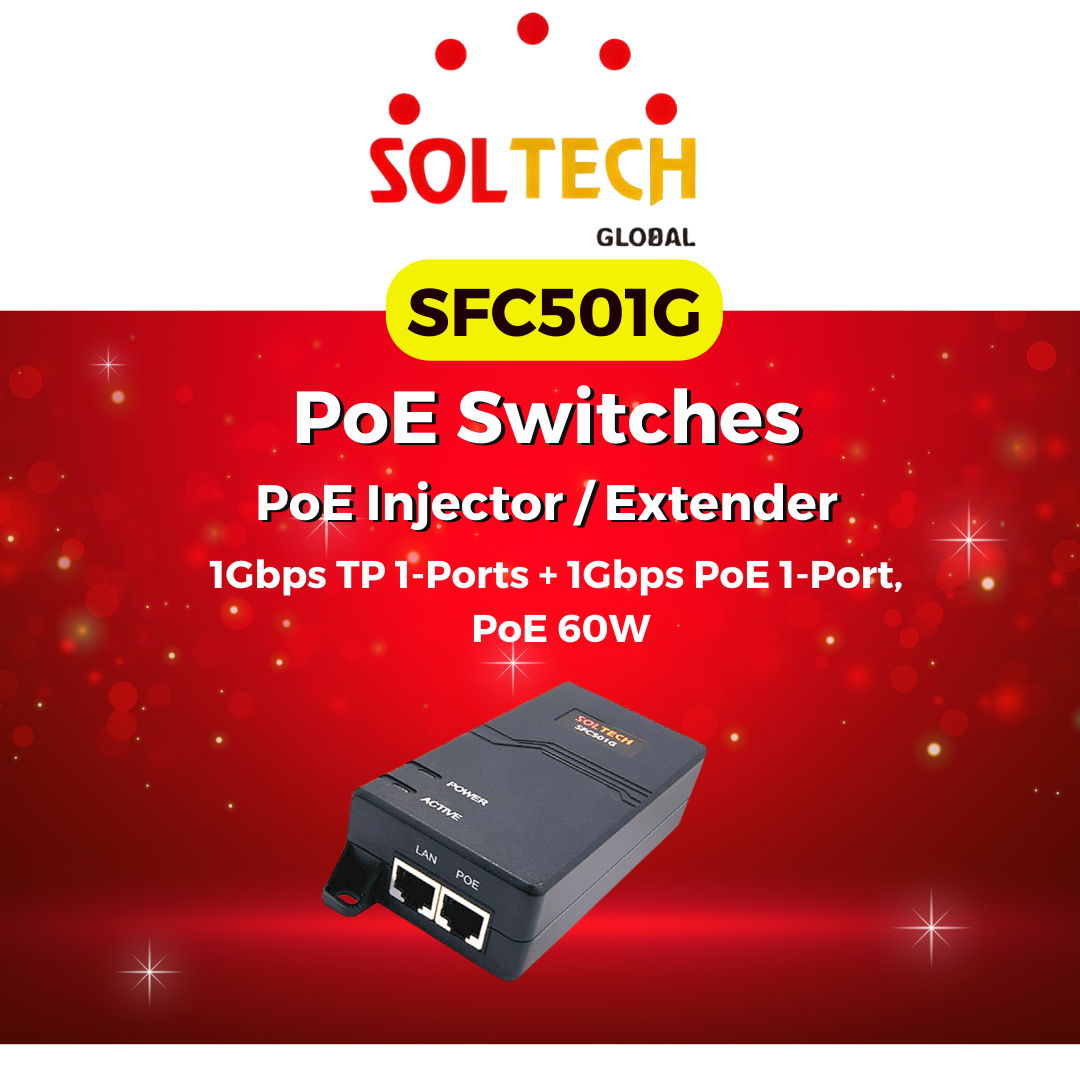 SOLTECH SFC501G Gigabit PoE Injector - 1Gbps, 60W, 100m Range, Built-in Overcurrent Protection ...