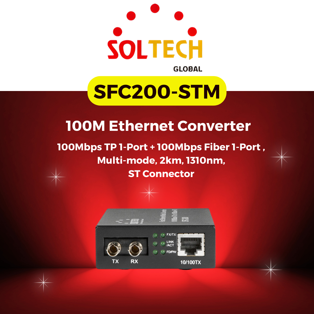 SOLTECH SFC200-STM Ethernet Converter - Multi-Mode 100Mbps TP & Fiber Ports, ST Connector ...