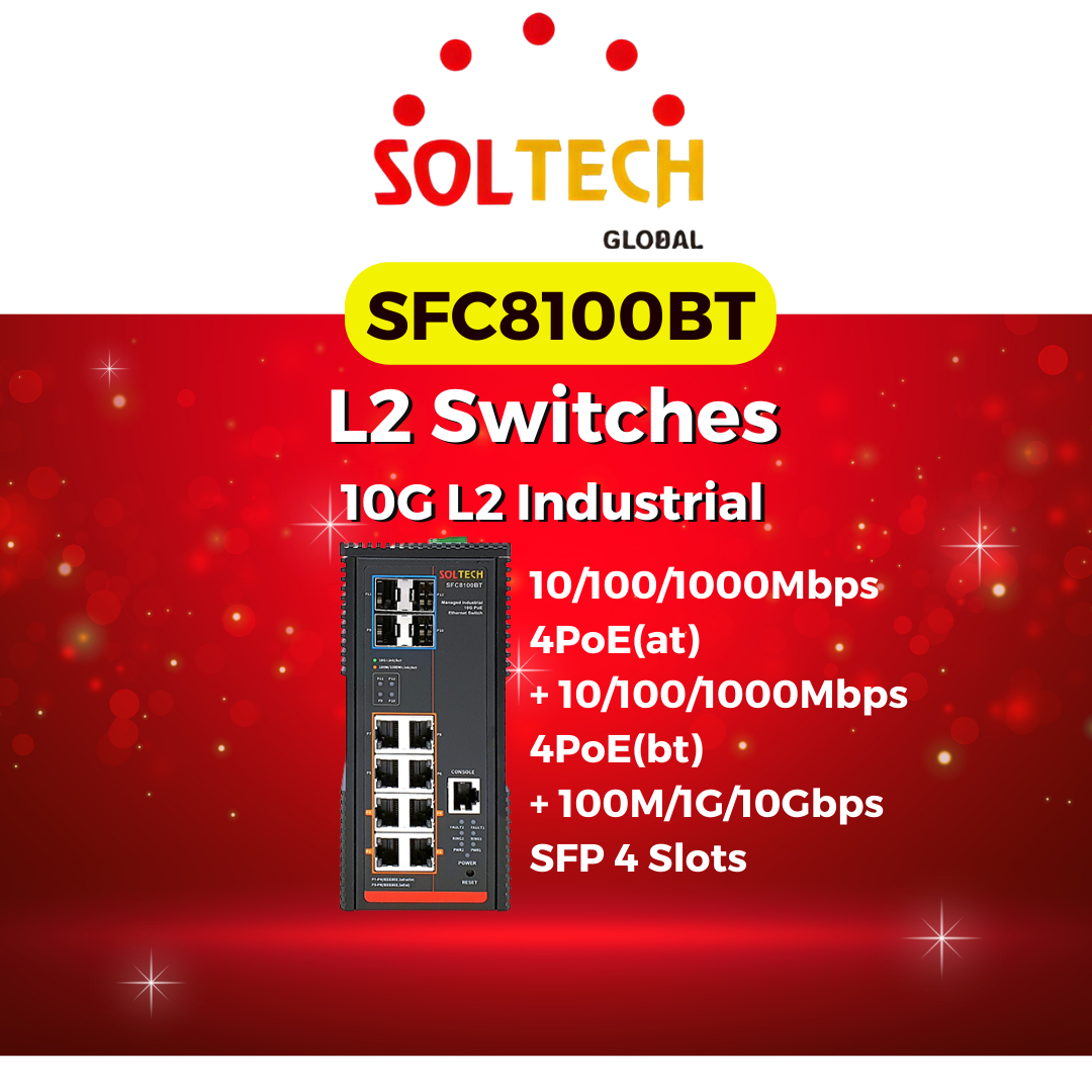 Soltech SFC8100BT 10G L2 Industrial Switch | 8 PoE Ports & 4 SFP+ Slots | SOLTECH SINGAPORE